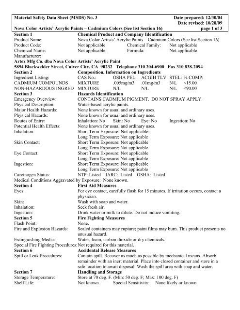 MSDS 3 Cadmium - Nova Color Paint
