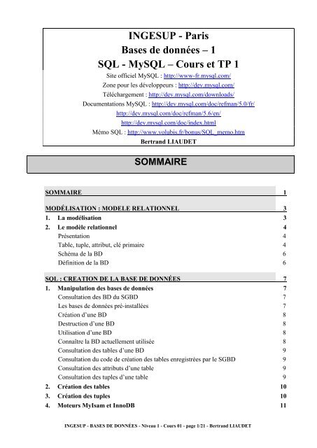Cours - TD - TP de SQL - Site de Bertrand LIAUDET