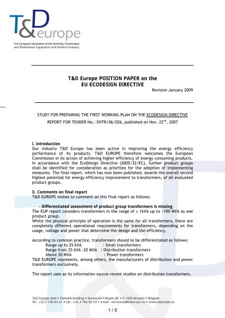 T&D Europe POSITION PAPER on the EU ECODESIGN DIRECTIVE