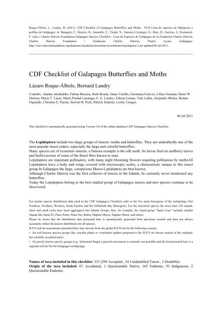 CDF Checklist of Galapagos Butterflies and Moths