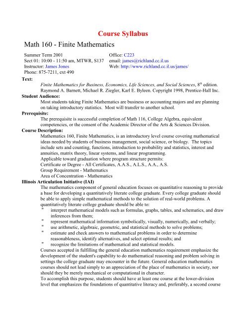 Course Syllabus Math 160 - Finite Mathematics - Richland