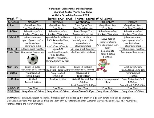 Summer Adventures Camp Weekly Schedule - City of Vancouver