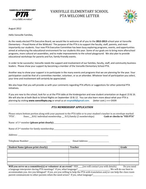 VANSVILLE ELEMENTARY SCHOOL PTA WELCOME LETTER