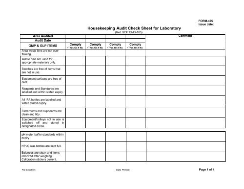 Housekeeping Audit Check Sheet for Laboratory