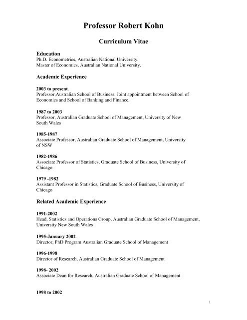 Professor Robert Kohn Curriculum Vitae