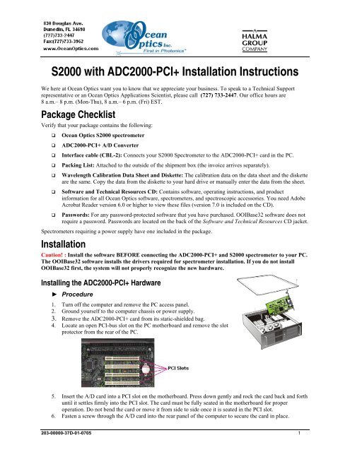 S2000 with ADC2000-PCI+ Installation Instructions - Ocean Optics