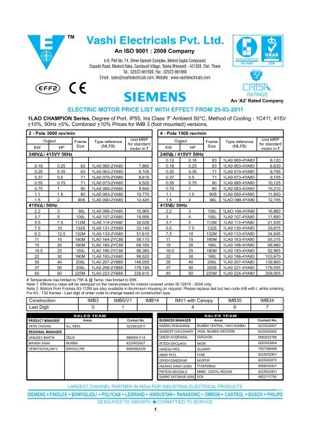 Vashi Electricals SIEMENS LTD MOTORS PRICE LIST