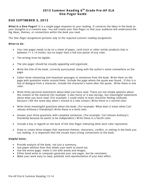 6th Grade One-Pager Instructions