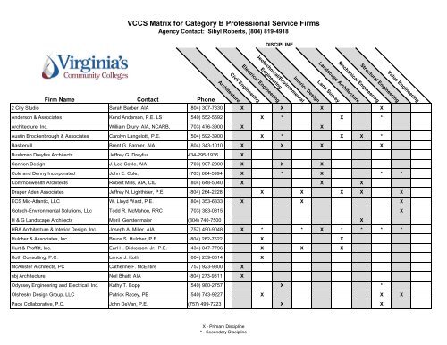 VCCS Matrix for Category B Professional Service Firms