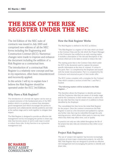 THE RISK OF THE RISK REGISTER UNDER THE NEC - EC Harris