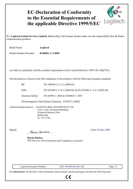 EC-Declaration of Conformity to the Essential ... - Logitech