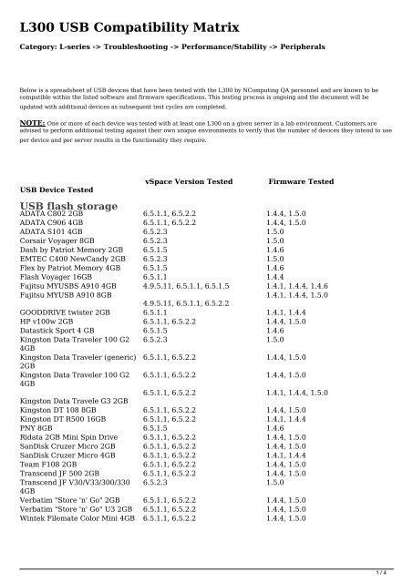 L300 USB Compatibility Matrix - NComputing