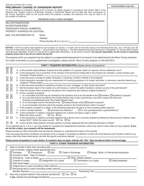 PRELIMINARY CHANGE OF OWNERSHIP REPORT - Mono County