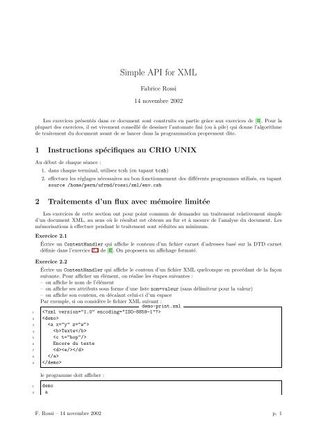 Exercices XML : Simple API for XML - Fabrice Rossi