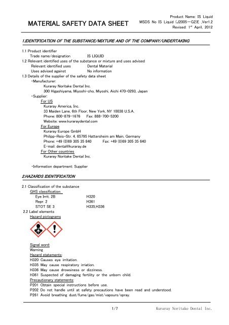 MATERIAL SAFETY DATA SHEET - Turkuaz Dental