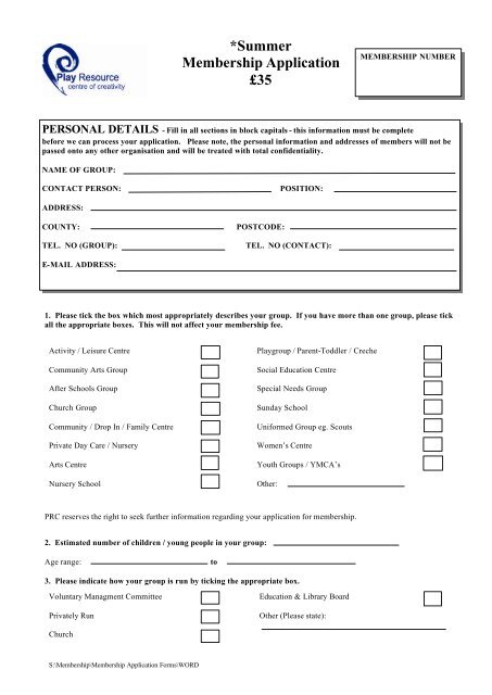 SUMMER Application Form 12 Play Resource
