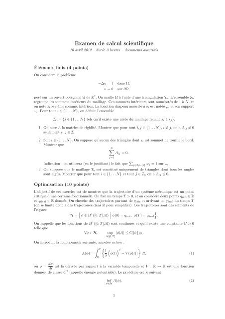 Examen de calcul scientifique - Le Cermics
