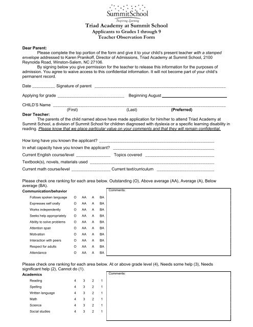 Two (2) Teacher Observation Forms - Summit School