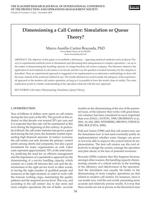 Dimensioning a Call Center: Simulation or Queue Theory? - JOSCM
