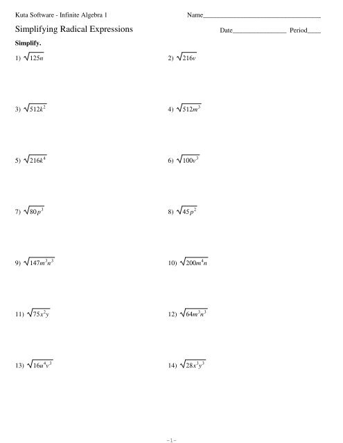 Simplifying Radicals pdf Mrs Ward
