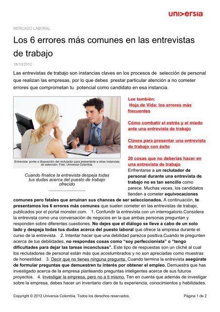 Los 6 errores mÃ¡s comunes en las entrevistas de trabajo - Noticias ...