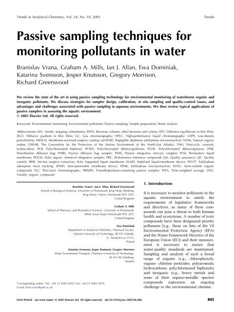 Passive sampling techniques for monitoring pollutants in water