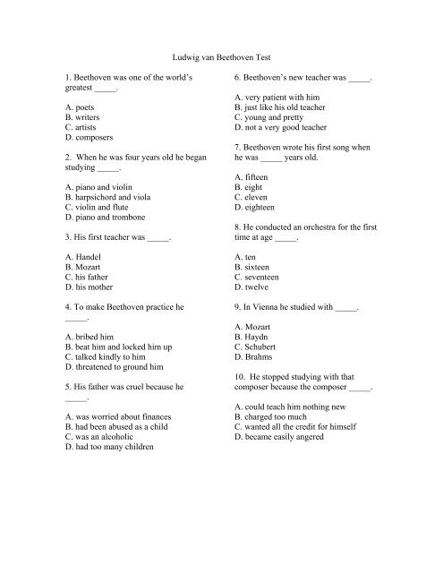 Ludwig van Beethoven Test 1. Beethoven was ... - Garden of Praise