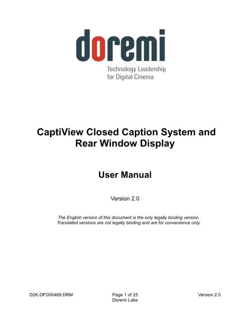 Rear Window and CaptiView Display Closed Caption ... - Doremi Labs