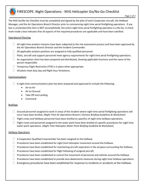 Night Operations NVG Helicopter Go_No_Go Checklist - Firescope