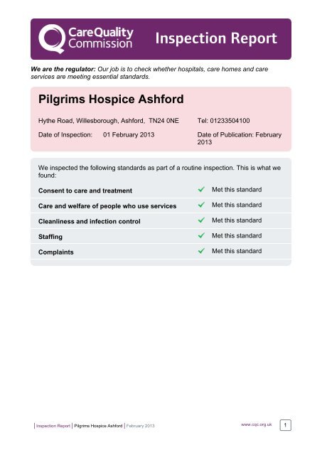 Inspection Report - Pilgrims Hospices