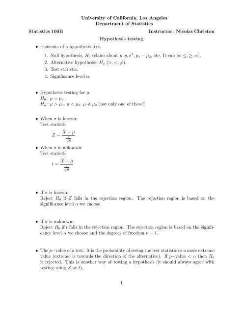 19. Hypothesis testing. - UCLA Statistics