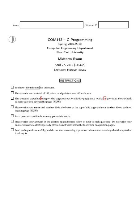 Com142 â C Programming Midterm Exam