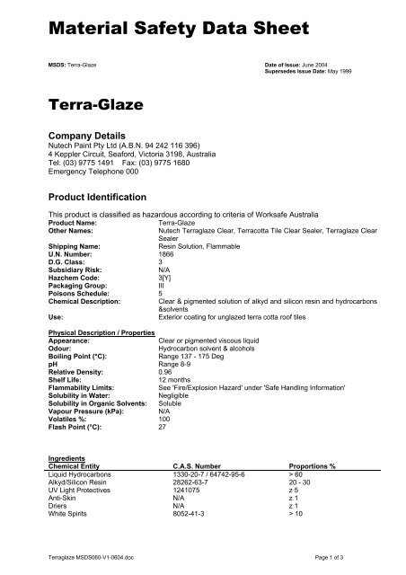 Material Safety Data Sheet - Nutech Paint