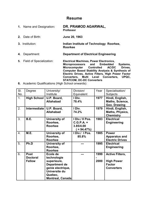 Resume - Indian Institute of Technology Roorkee