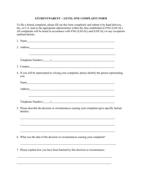 Complaint Form- Students and Parents - Industrial ISD