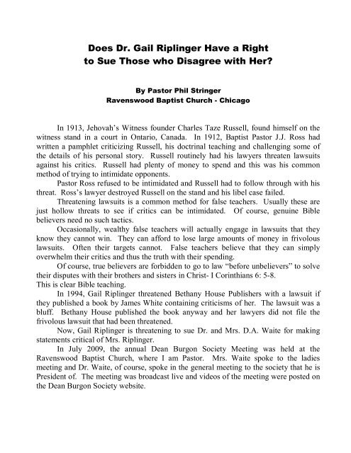 Dr. Stringer's Lawsuit Letter #1 - Dean Burgon Society