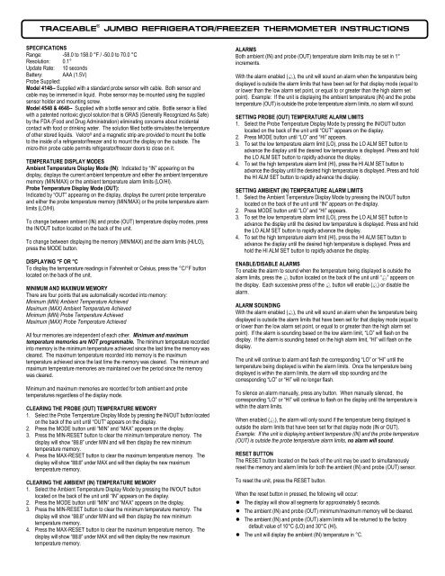 traceable® jumbo refrigerator/freezer thermometer instructions