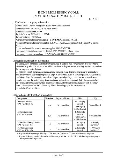 e-one moli energy corp. material safety data sheet - Inspired Energy