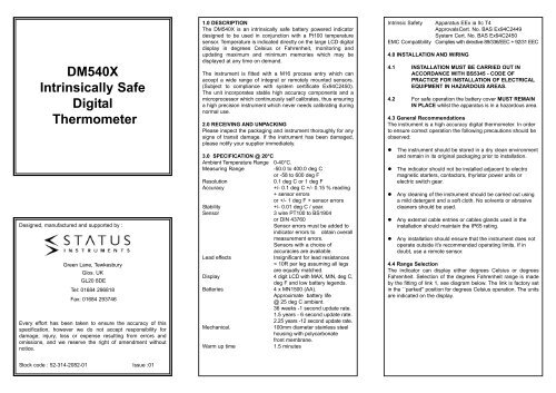 DM540X Intrinsically Safe Digital Thermometer - Status Instruments