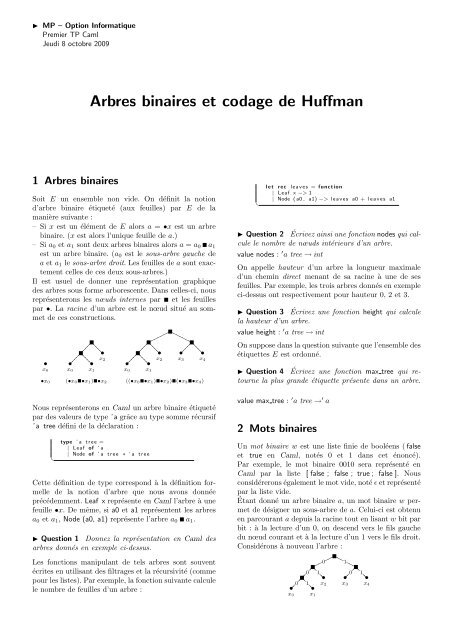 Arbres binaires et codage de Huffman
