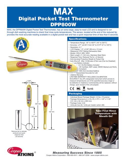 Digital Pocket Test Thermometer DPP800W - Cooper-Atkins