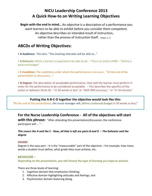 ABCDs of Writing Objectives - Synova Associates