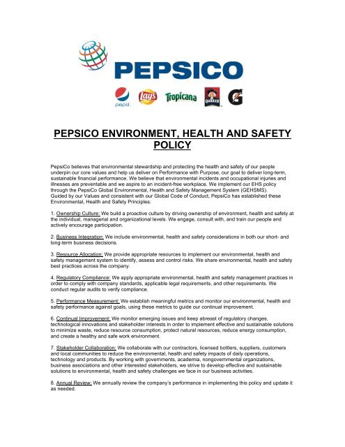 Download PepsiCo's Environmental, Health and Safety Policy