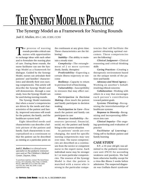 The Synergy Model as a Framework for Nursing Rounds - American ...