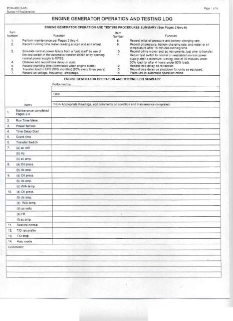 ENGINE GENERATOR OPERATION AND TESTING LOG - IDEAS-EC