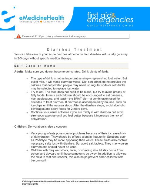 Diarrhea Treatment - First Aid & Emergencies Quick Reference Guide