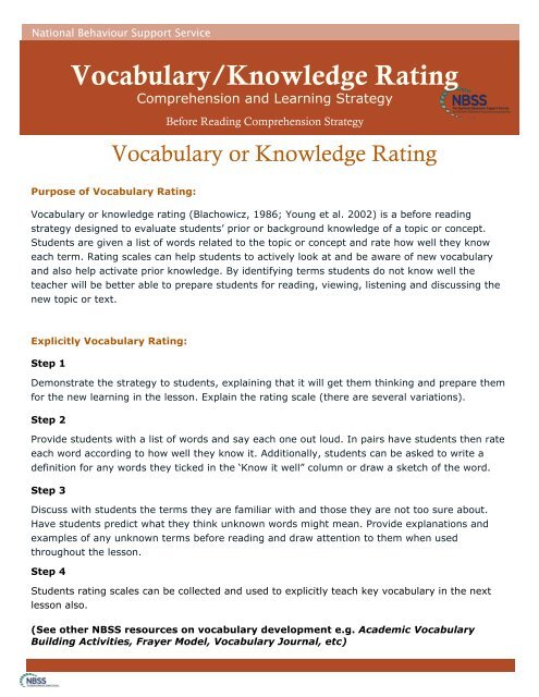 Vocabulary Knowledge Rating Sheet
