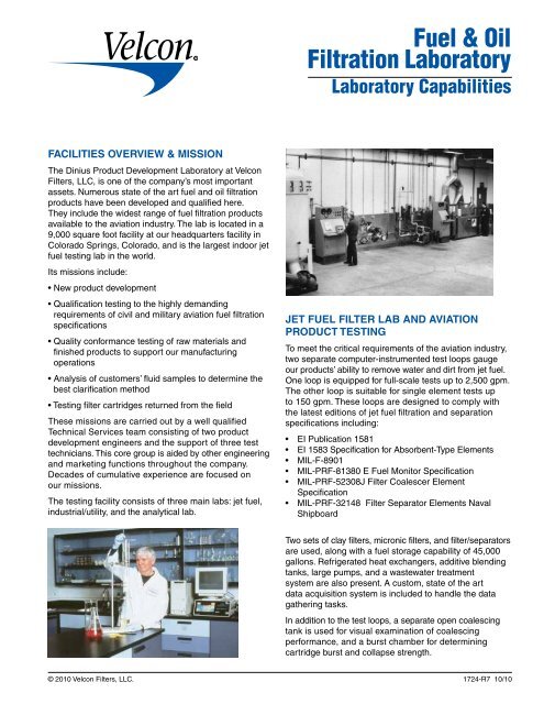 Fuel & Oil Filtration Laboratory - Data Sheet #1724 - Velcon Filters