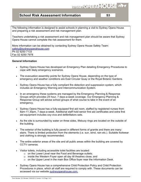 S3 School Risk Assessment Information v1-6 - Sydney Opera House