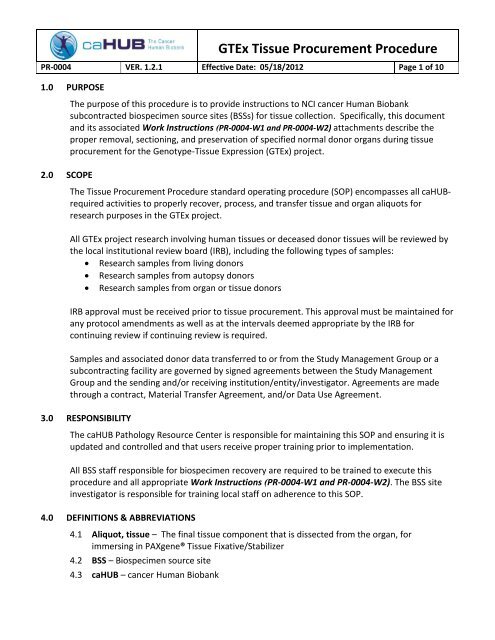 GTEx Tissue Procurement SOP (PR-0004 v1.2.1)
